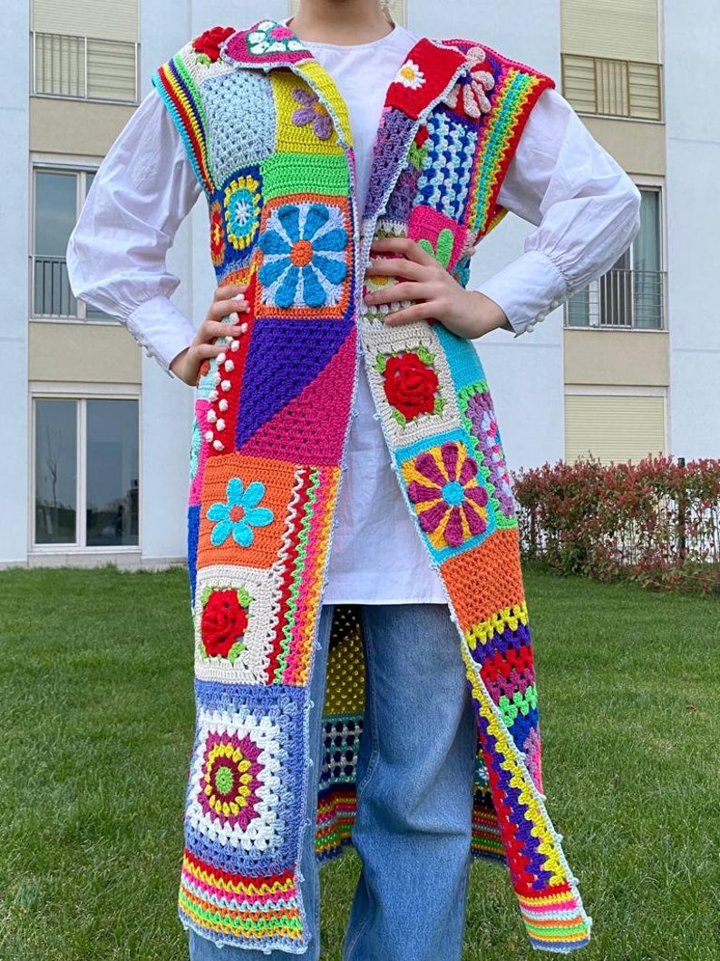Crochet Long Granny Square Patchwork Vest, Knit Colorful Daisy ...