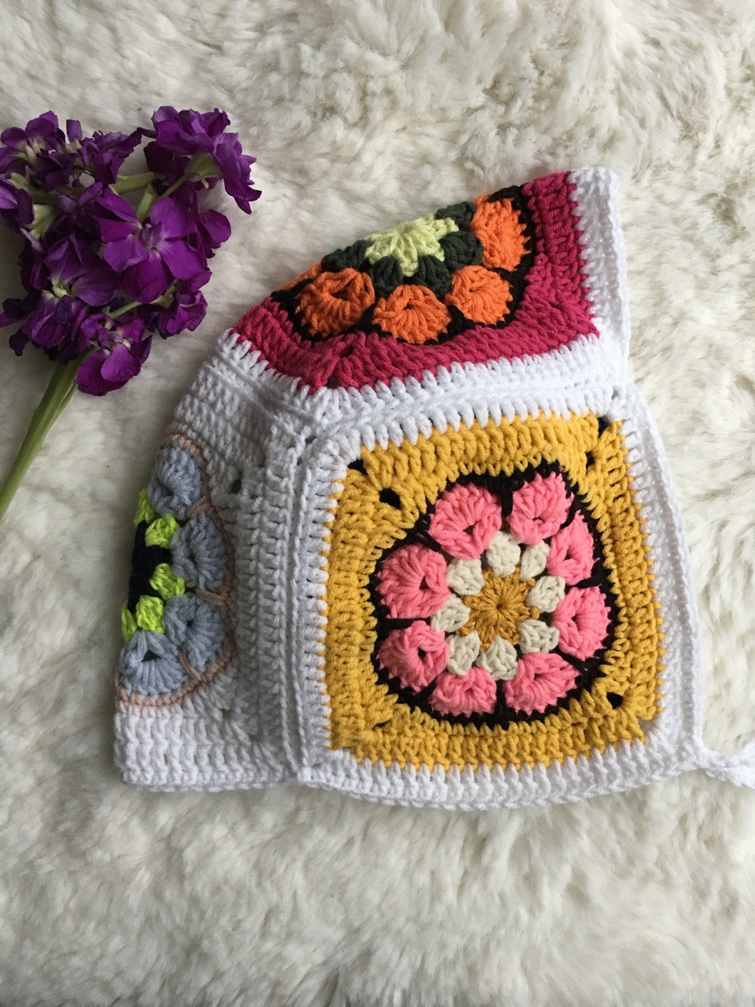 Crochet Granny Square Daisy Bonnet, Floral Colorful Balaclava, Handmade ...