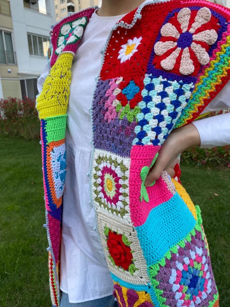 Crochet Long Granny Square Patchwork Vest, Knit Colorful Daisy ...