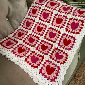Crochet Pink and Red Heart Blanket,handmade Afghan,knit Soft Bedspread ...