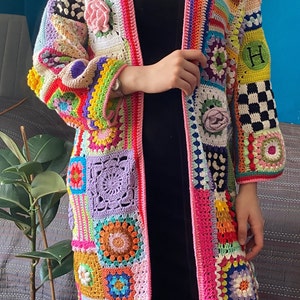Crochet Long Patchwork Cardigan, Knited Colorful Roses Coat, Boho 70's ...