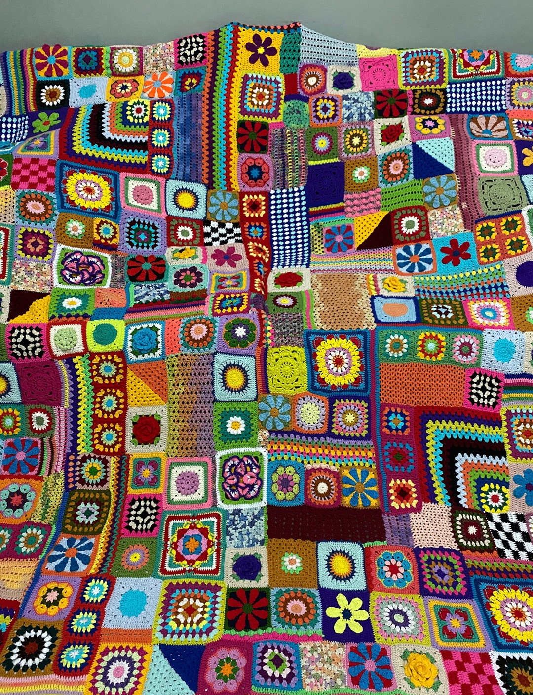Crochet Granny Square Patchwork Blanket,granny Square Multicolor Throw ...