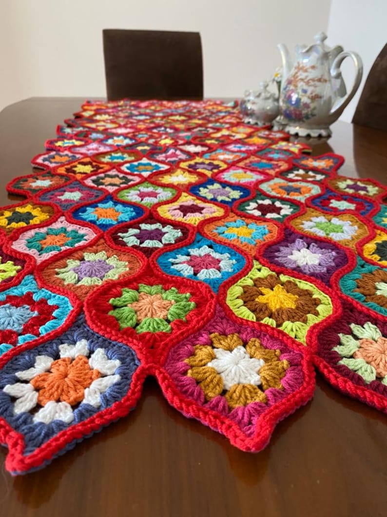 Crochet Red Granny Square Runner, Crocheted Afghan Tablecloth,knit ...