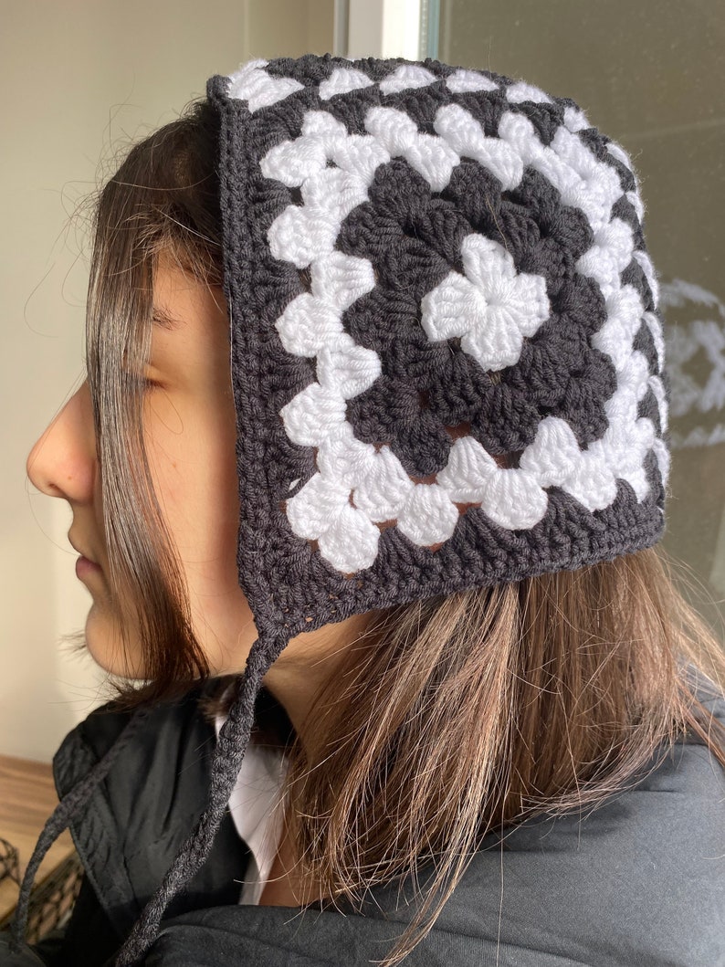 Crochet Granny Square Black and White Bonnetcolorful - Etsy