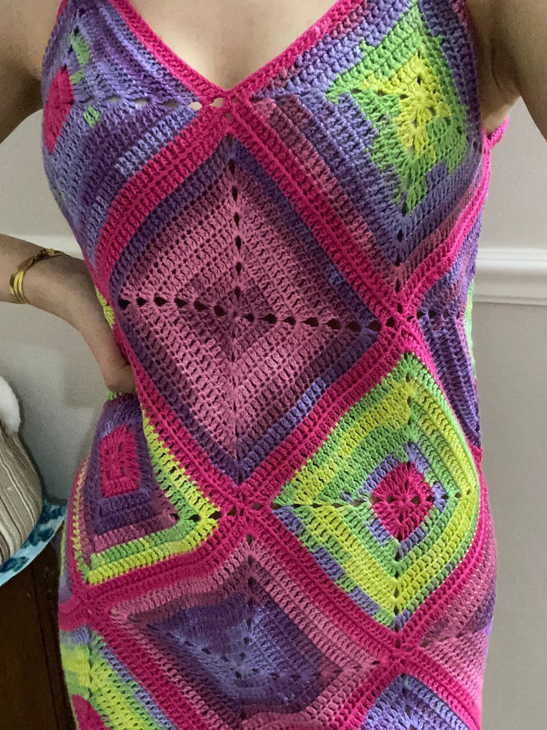 Handmade Crochet Granny Square Dress, Crocheted Multicolor Dress,boho ...