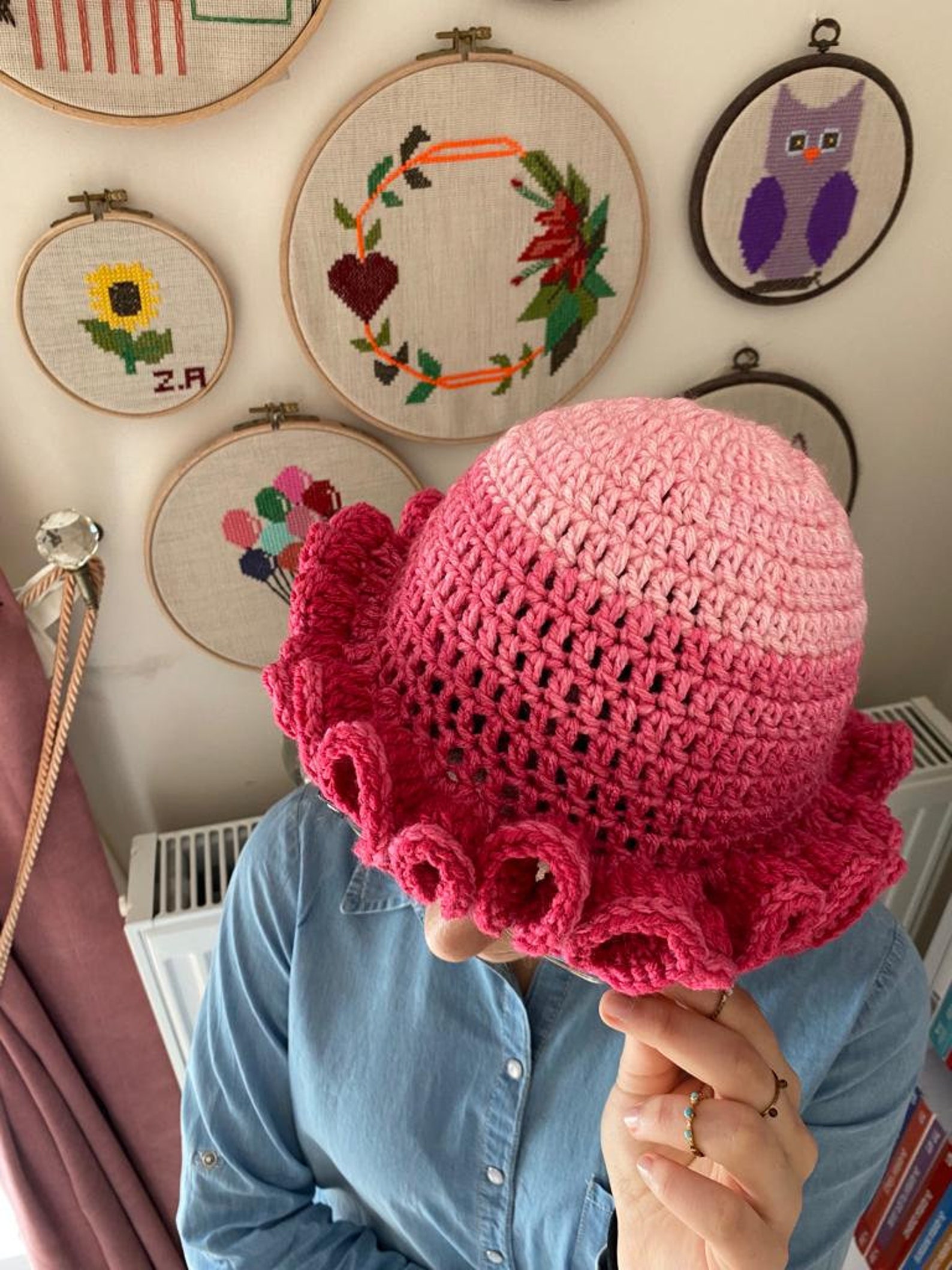 Crochet Ruffle Bucket Hat Pink Crochet Frilly Cool Beanie Hat - Etsy