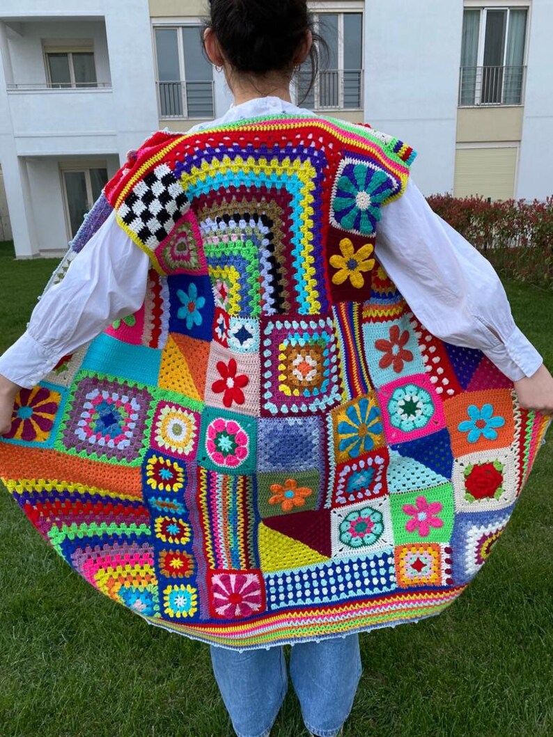 Crochet Long Granny Square Patchwork Vest, Knit Colorful Daisy ...