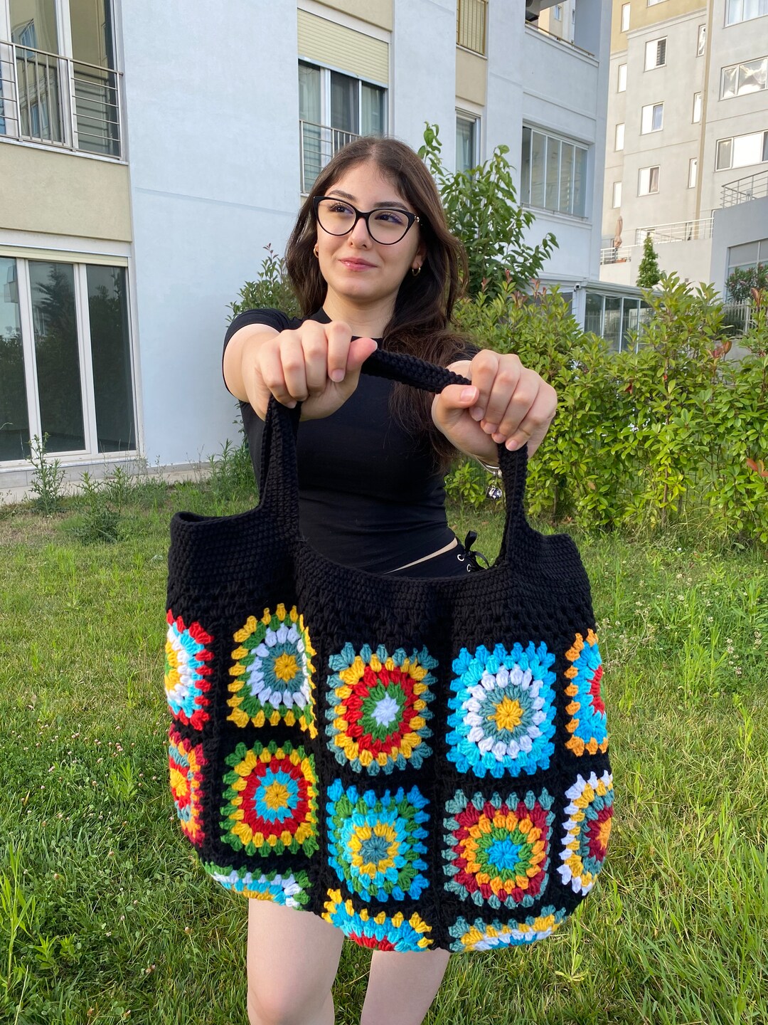 Crochet Granny Square Shoulder Bag,crocheted Purse,retro Bag,70s Hippie ...