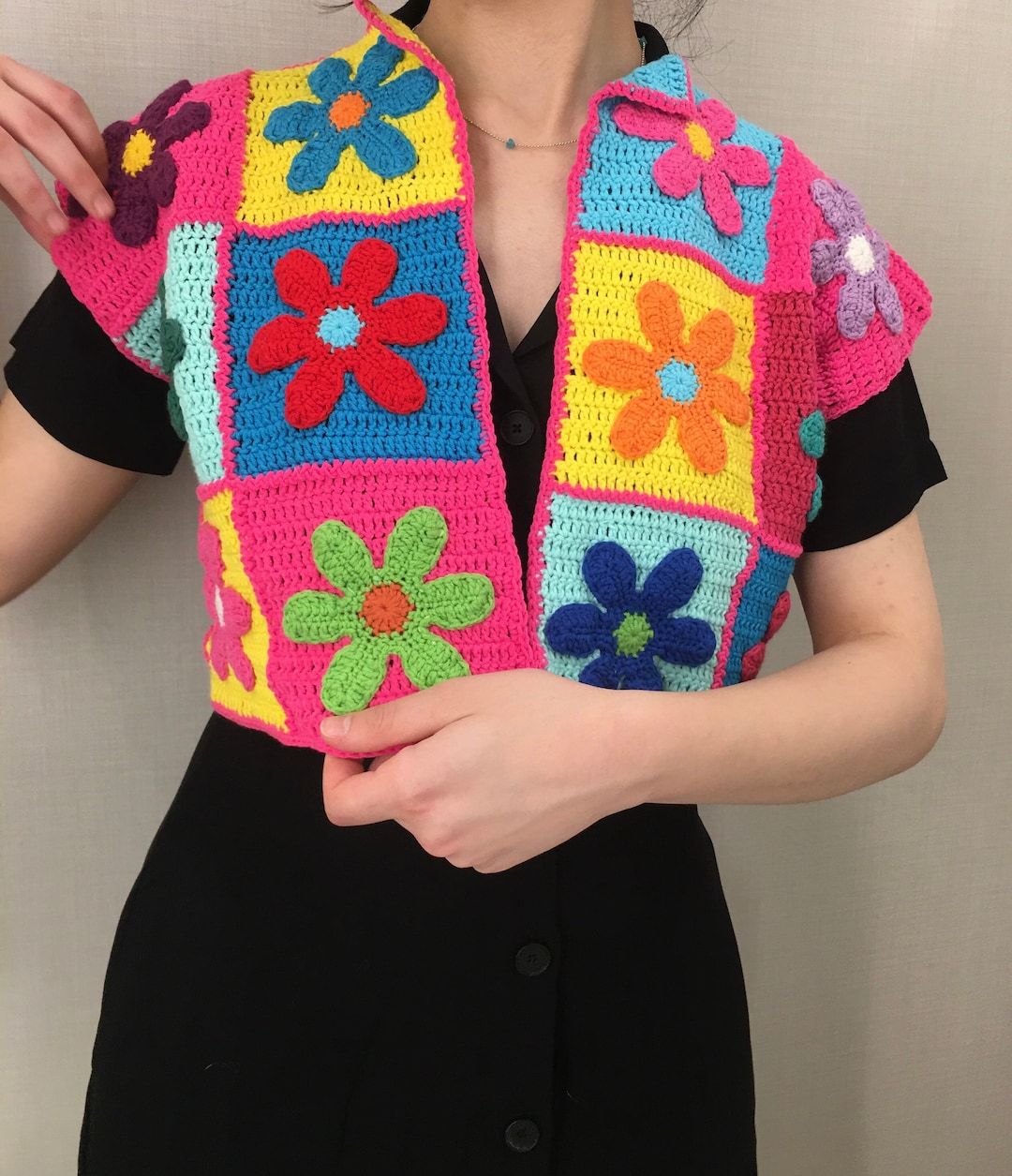 Crochet Granny Square Daisy Vest, Knit Colorful Patchwork Waistcoat ...