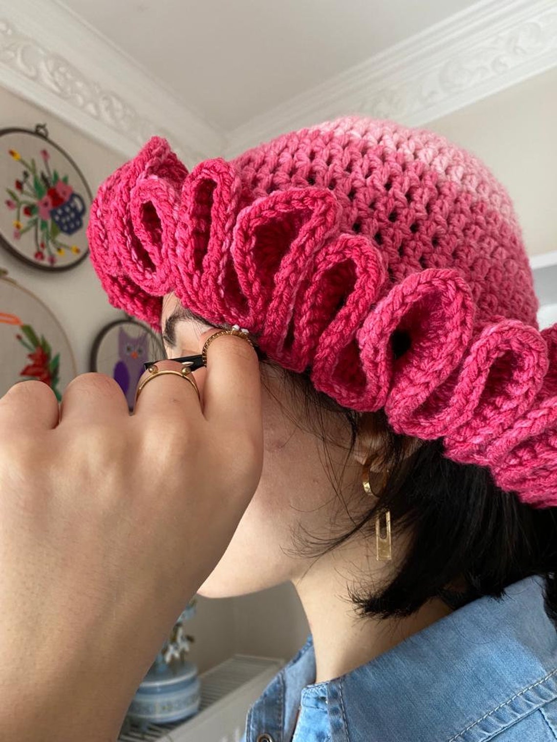 Crochet Ruffle Bucket Hat Pink Crochet Frilly Cool Beanie Hat - Etsy