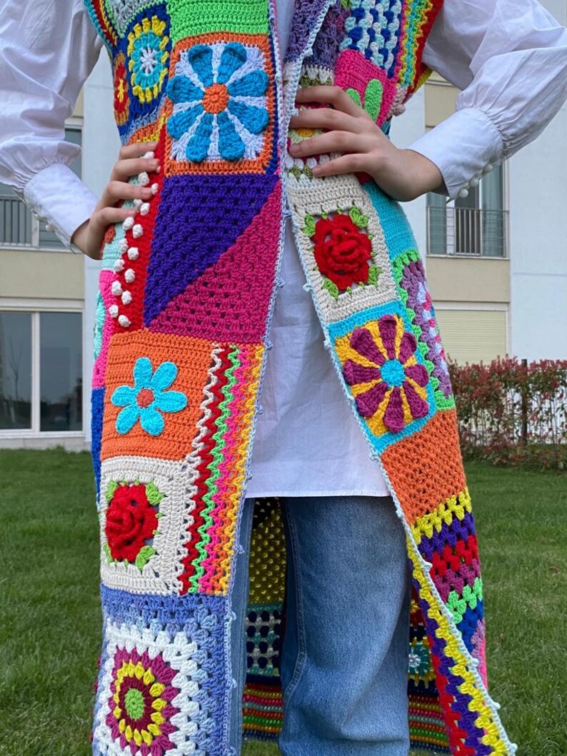 Crochet Long Granny Square Patchwork Vest, Knit Colorful Daisy ...