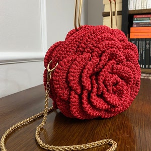 Handmade Red Rose Bag,crochet 3D Flower Purse,crocheted Tote Bag,gold ...