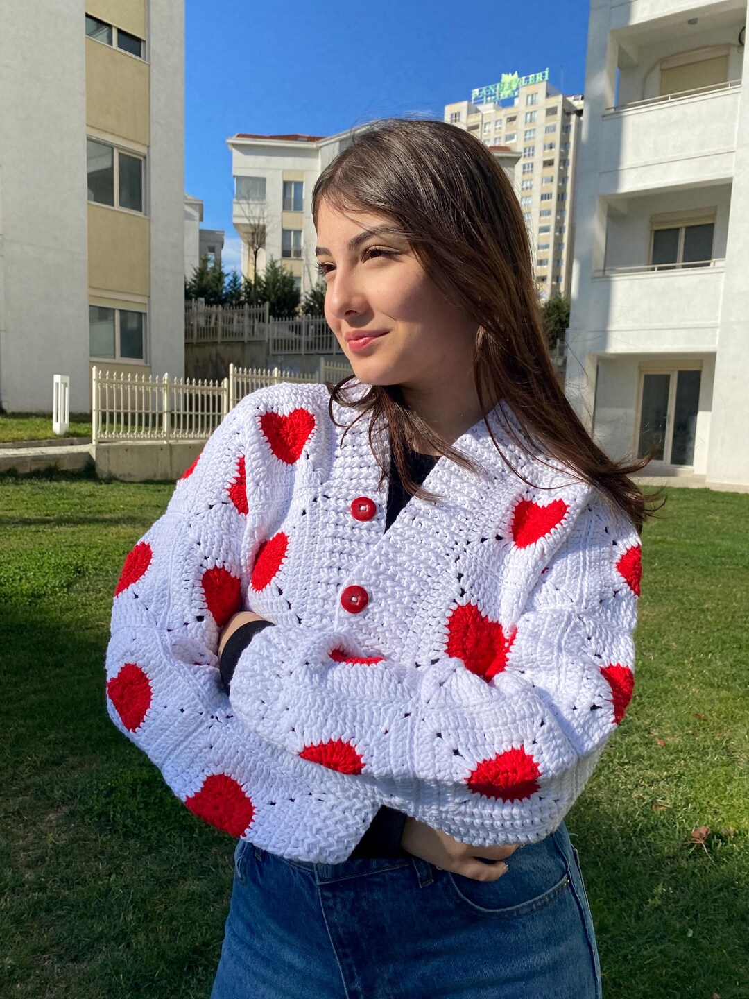 Crochet Heart Cardigan,knitted Red Heart Crop,granny Square Jumper ...