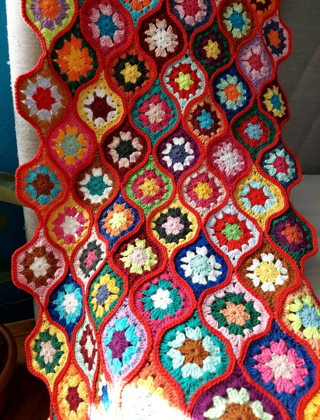Crochet Red Granny Square Runner, Crocheted Afghan Tablecloth,knit ...