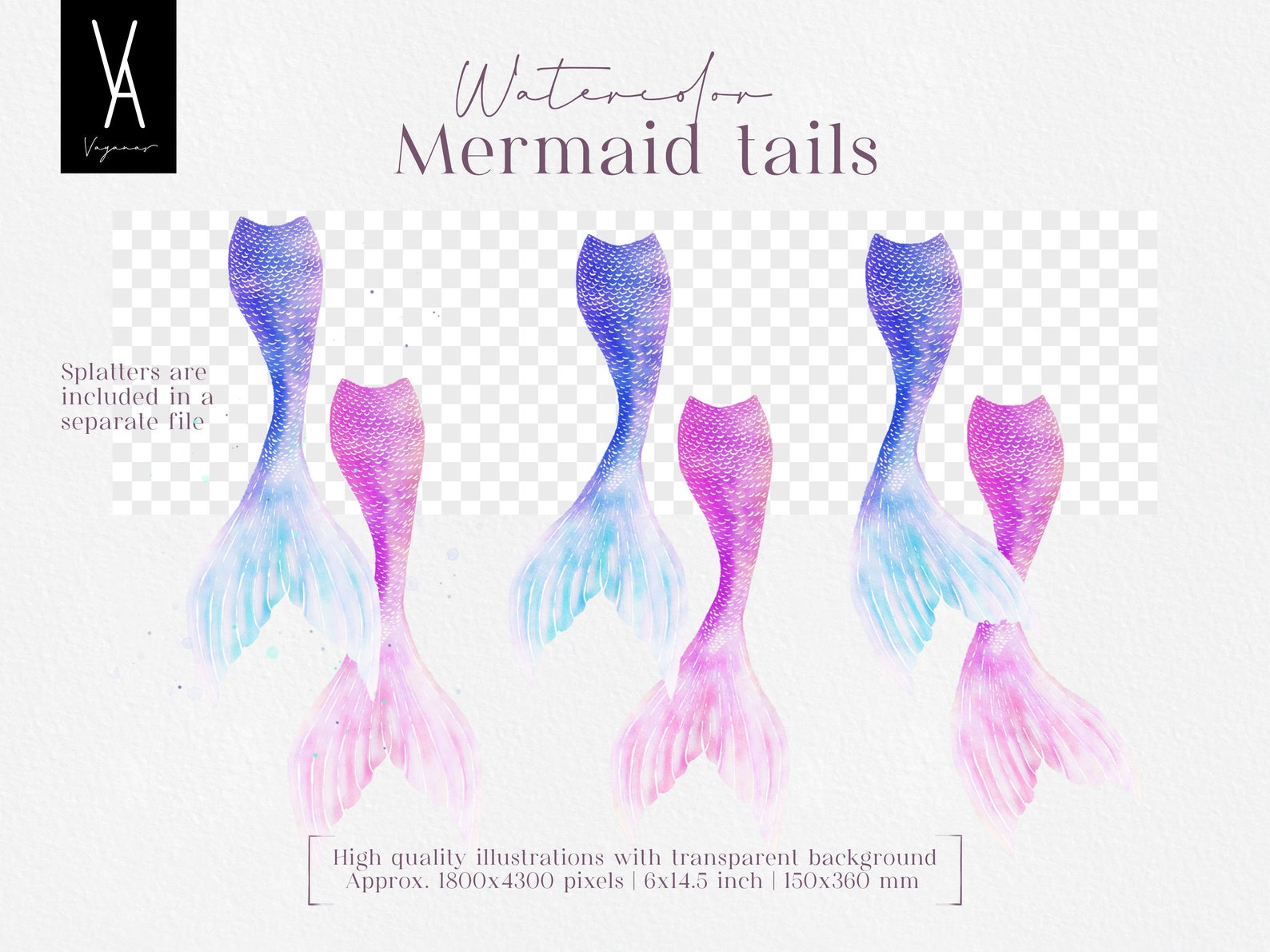 Watercolor Mermaid Tail Clipart, Purple Pink Mermaid Tails Clipart ...