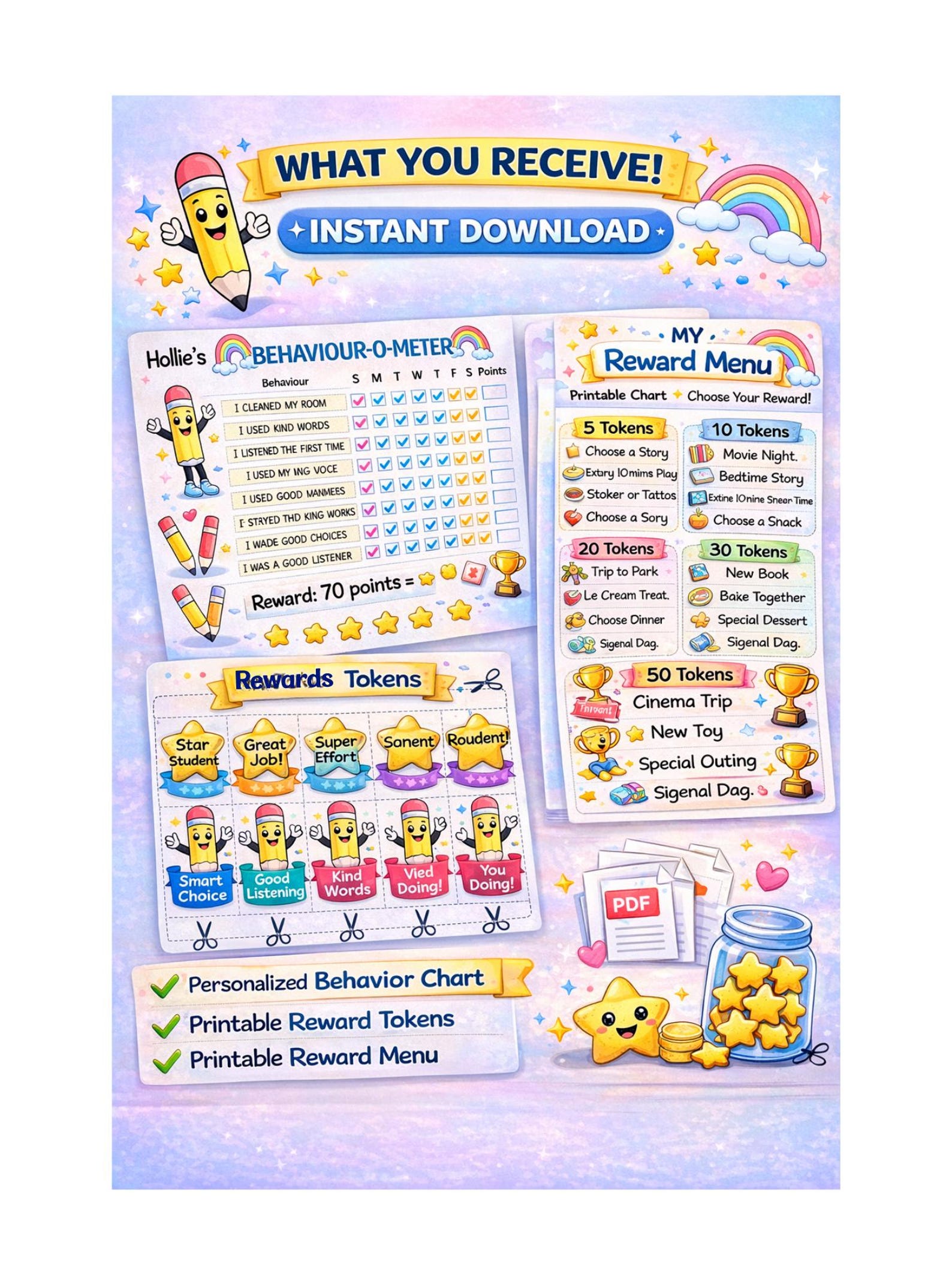 Rainbow Rewards Chart and Token Bundle - Editable Canva Template ...