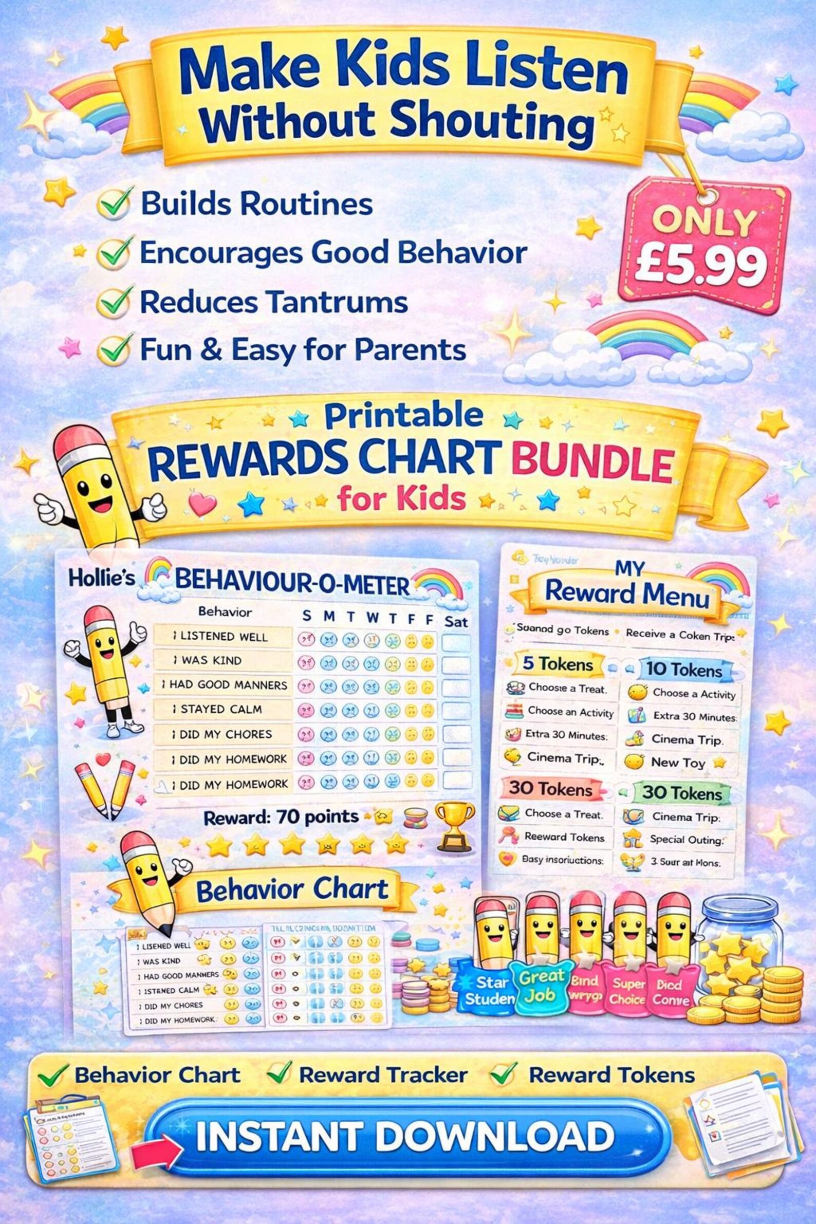 Rainbow Rewards Chart and Token Bundle - Editable Canva Template ...