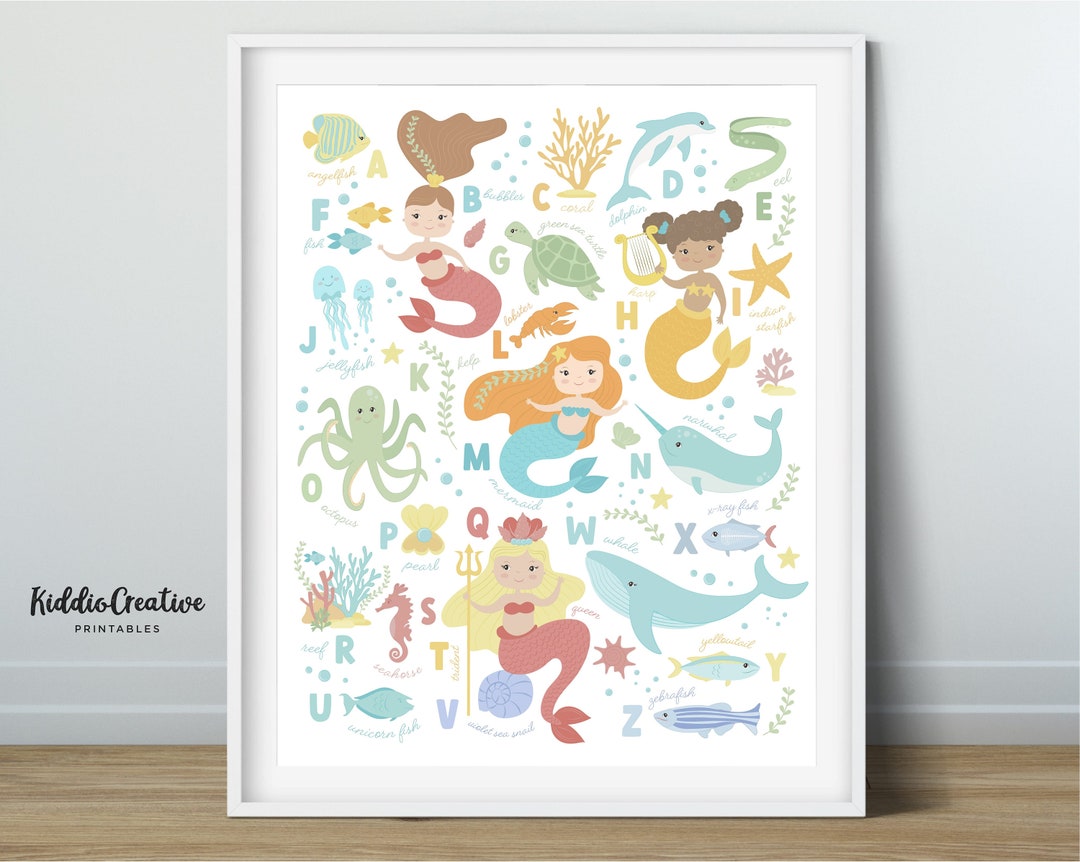 MERMAID Alphabet Wall Art Print Under the Sea Alphabet Ocean Creatures ...