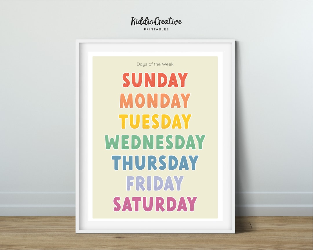 Days of the Week Printable; Educational Kids Poster; Rainbow Days of ...