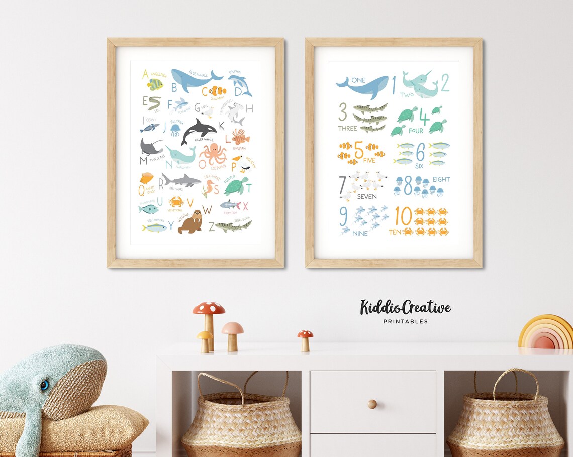 Ocean Animals Alphabet and Numbers Print Set Nursery Wall - Etsy