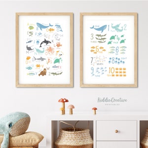 Ocean Animals Alphabet and Numbers Print Set; Nursery Wall Art; Kid's ...