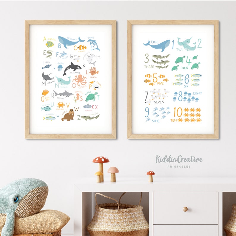 Ocean Animals Alphabet and Numbers Print Set Nursery Wall - Etsy