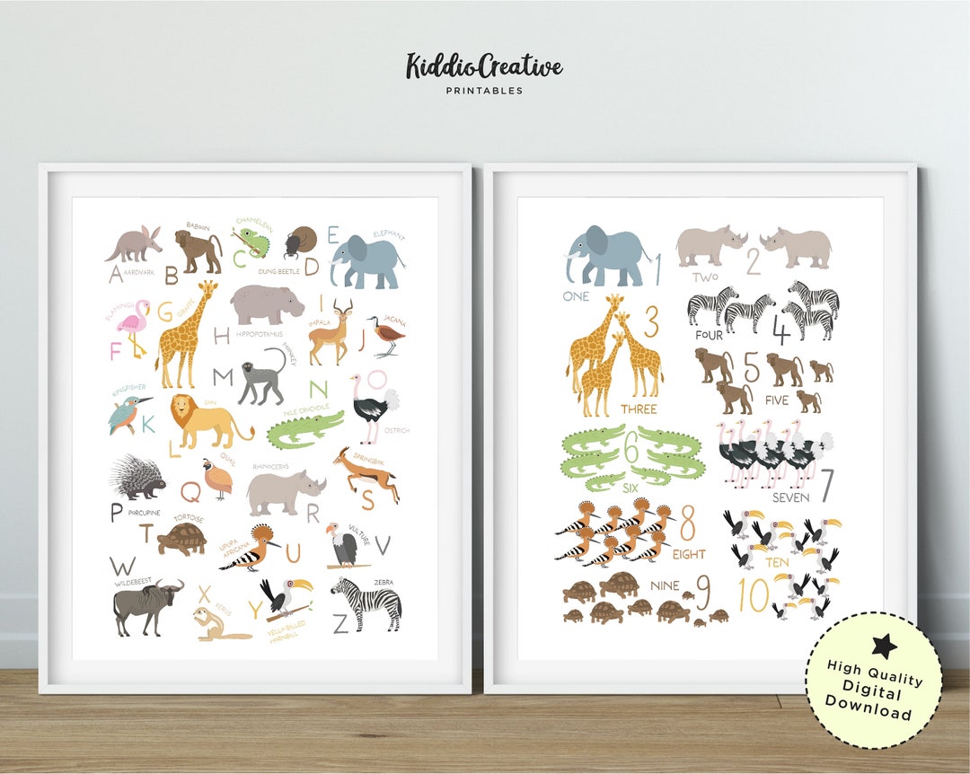 Safari Animal Alphabet and Numbers Prints Cute African Nursery Decor ...