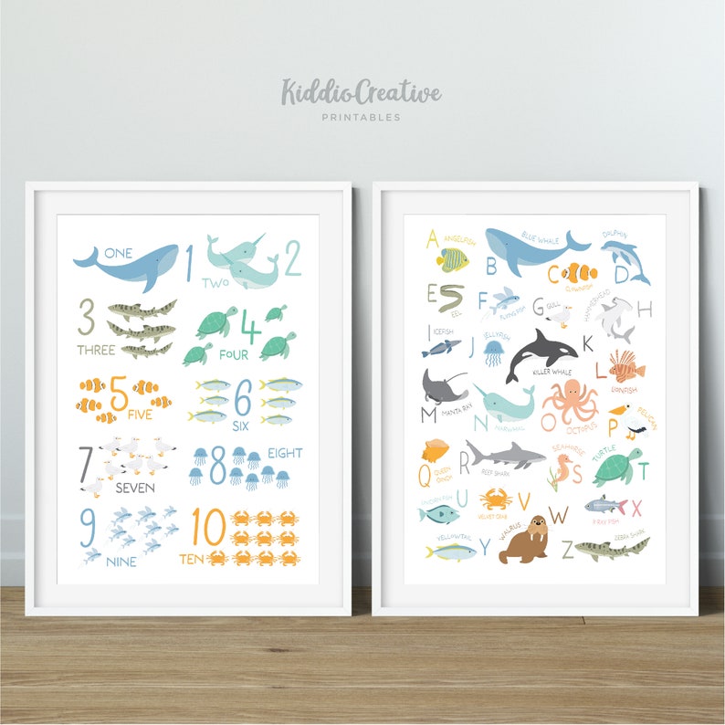 Ocean Animals Alphabet and Numbers Print Set Nursery Wall Art Kid's ...