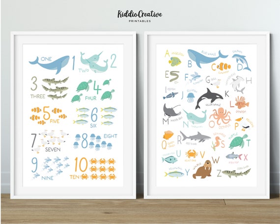 Ocean Animals Alphabet and Numbers Print Set Nursery Wall - Etsy