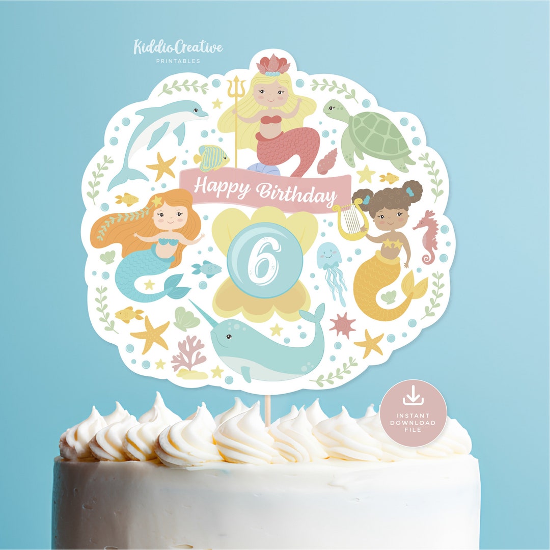 Mermaid CAKE TOPPER Six Little Mermaid Cake Decorations Sixth Birthday ...