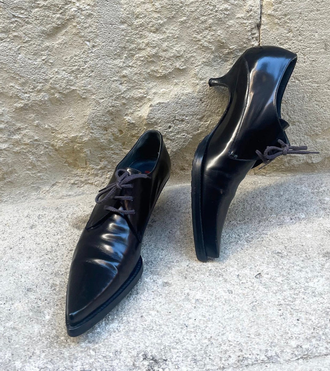 90s Miu Miu Black Patent Leather Pointy Toe Laced-up Heels Size EU 38 ...