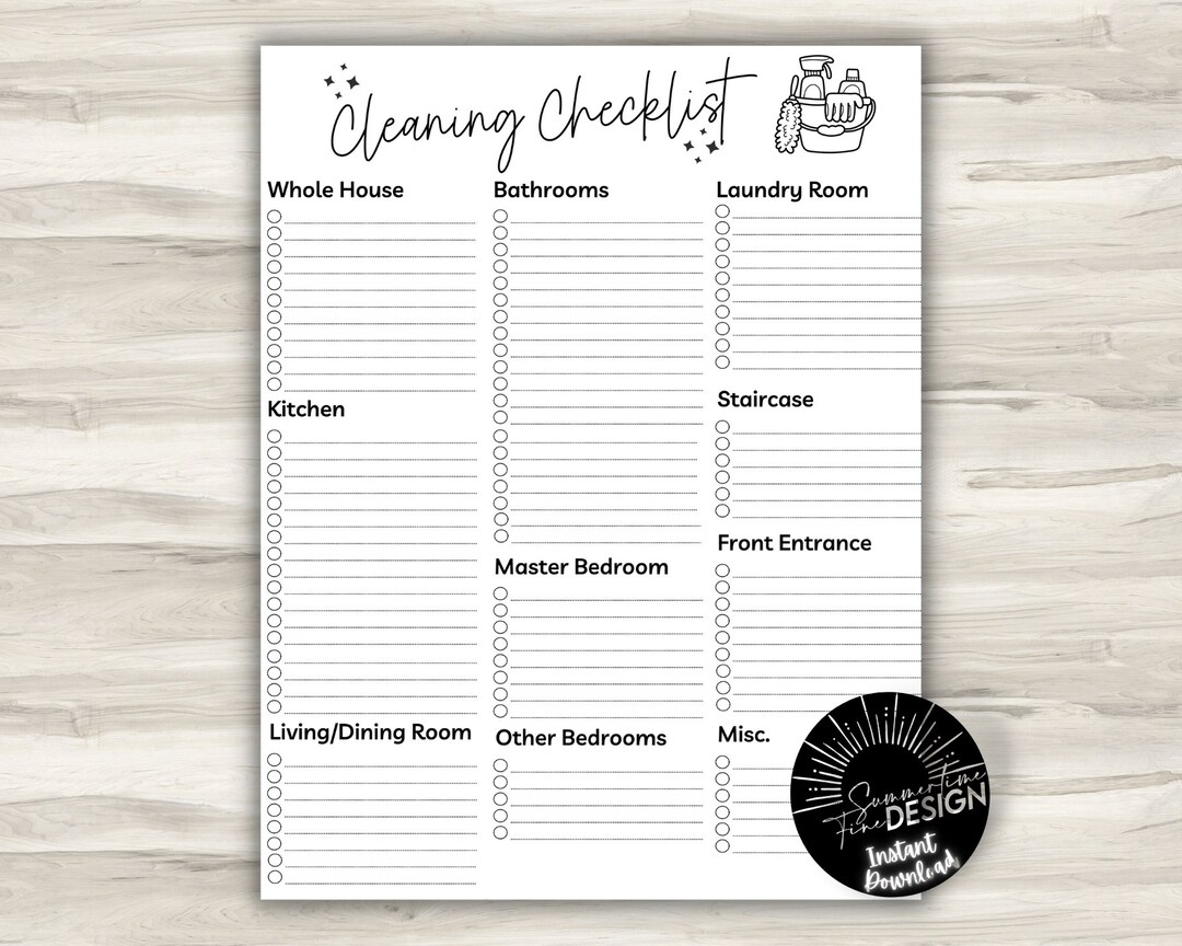 Cleaning Checklist Printable | Simple Cleaning Checklist | Black and ...