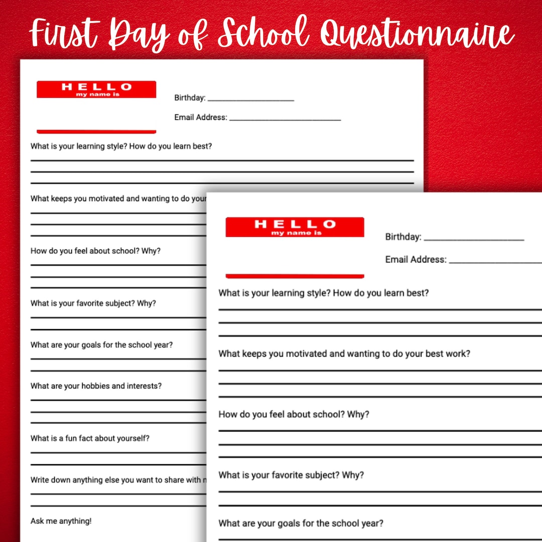 First Day of School Questionnaire Getting to Know You Student Survey ...