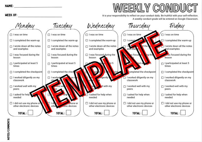Weekly Conduct Sheet | Behavior Checklist | Behavior Management ...