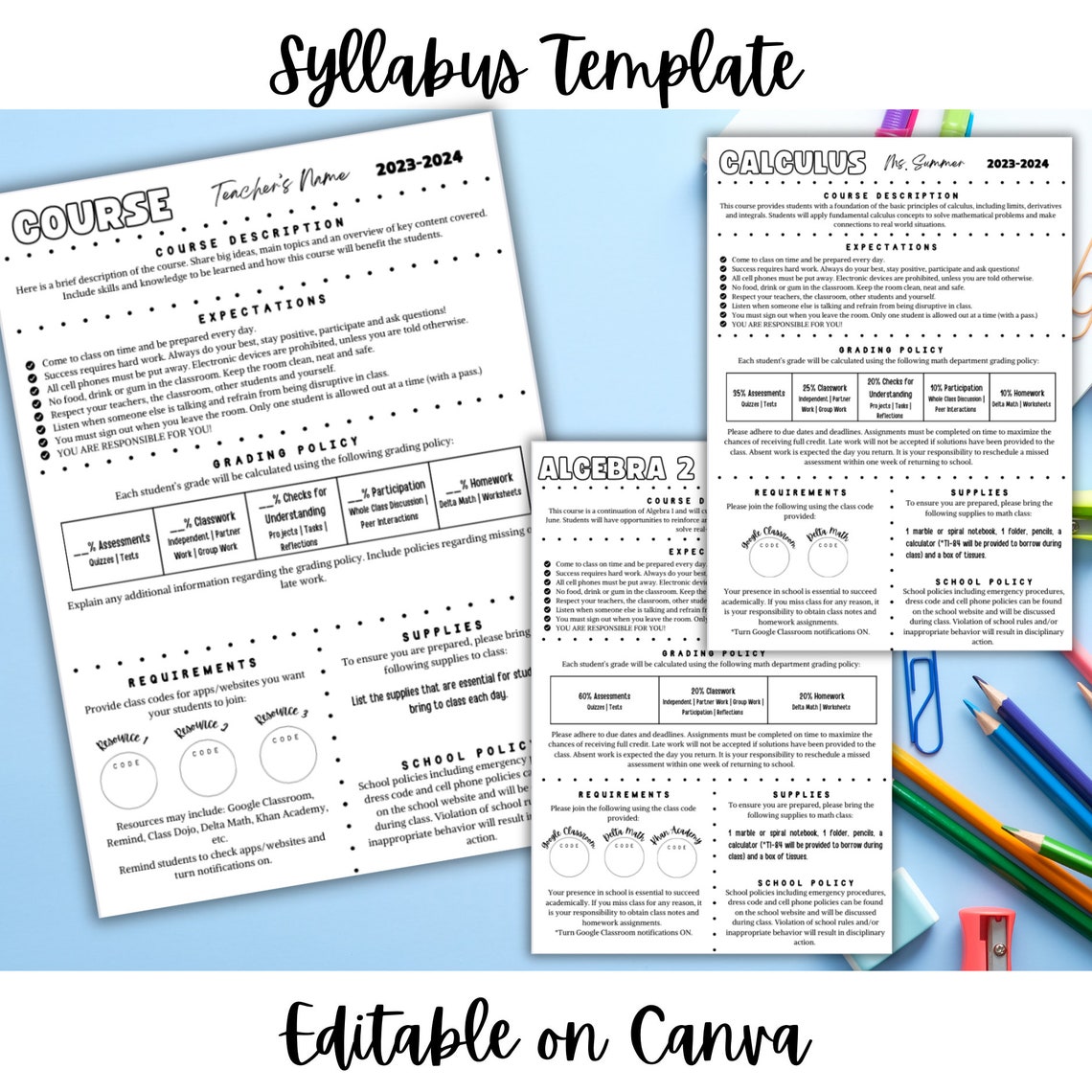 Syllabus Template | EDITABLE Simple One Page Syllabus | Secondary ...