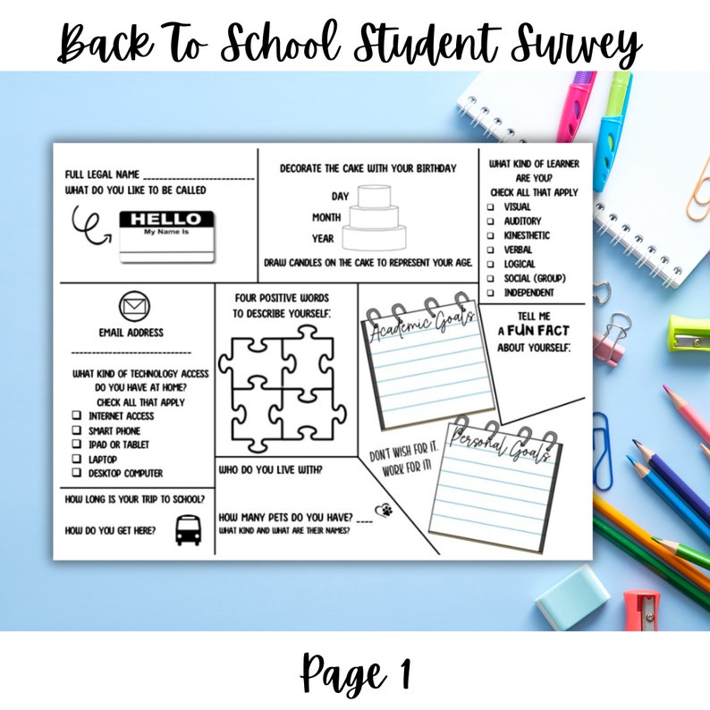 Back to School Student Survey First Day of School Activity Printable ...