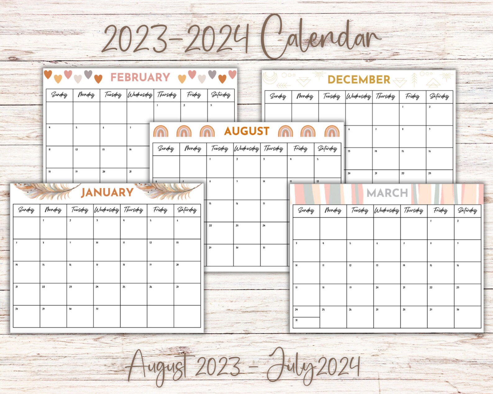 Boho Calendar 2023 2024 Calendar Printable Monthly Calendar Bohemian ...