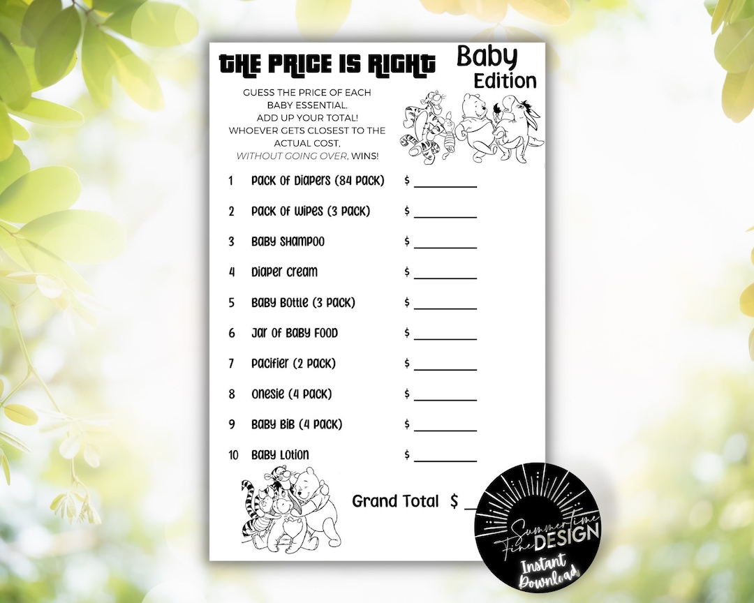 Baby Shower Game Winnie the Pooh the Price is Right Baby Edition | Baby ...