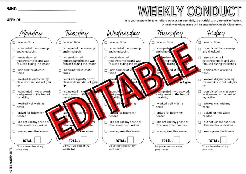Weekly Conduct Sheet | Behavior Checklist | Behavior Management ...