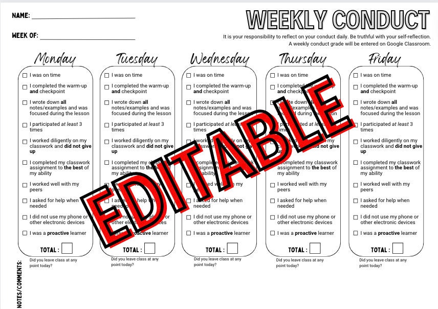 Weekly Conduct Sheet | Behavior Checklist | Behavior Management ...