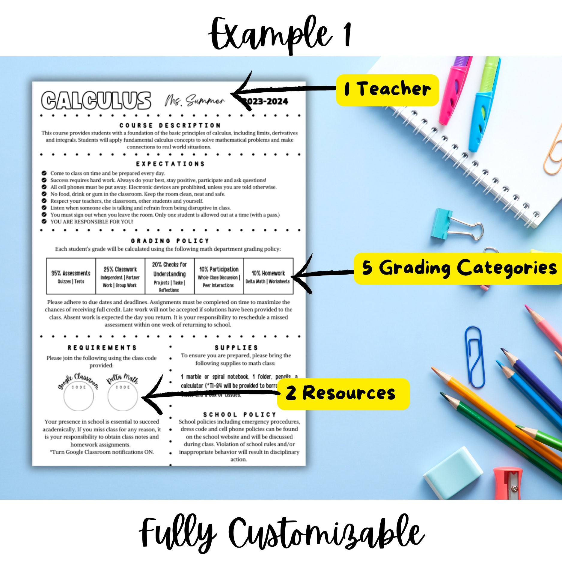 Syllabus Template | EDITABLE Simple One Page Syllabus | Secondary ...