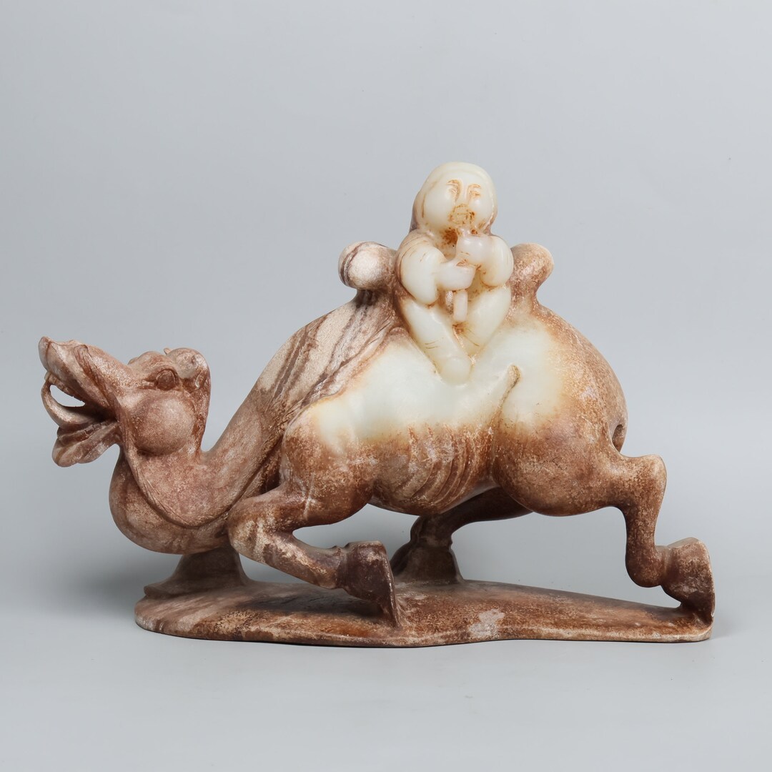 2122g Antique Chinese Jade Carved Children and Camels Statue ...