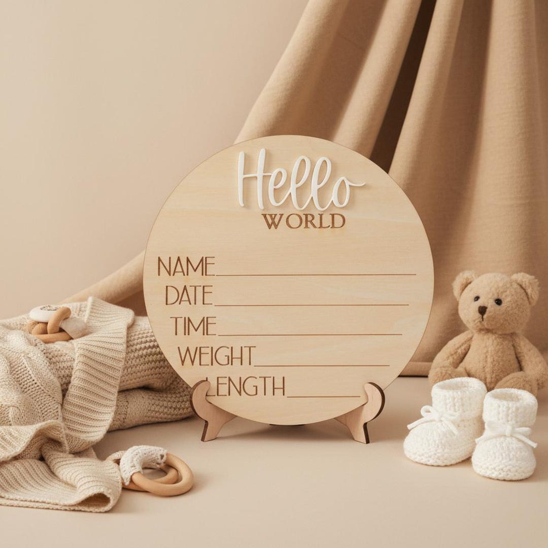 Personalized Baby Birth Stats Sign, Wooden Hello World Newborn Nursery ...