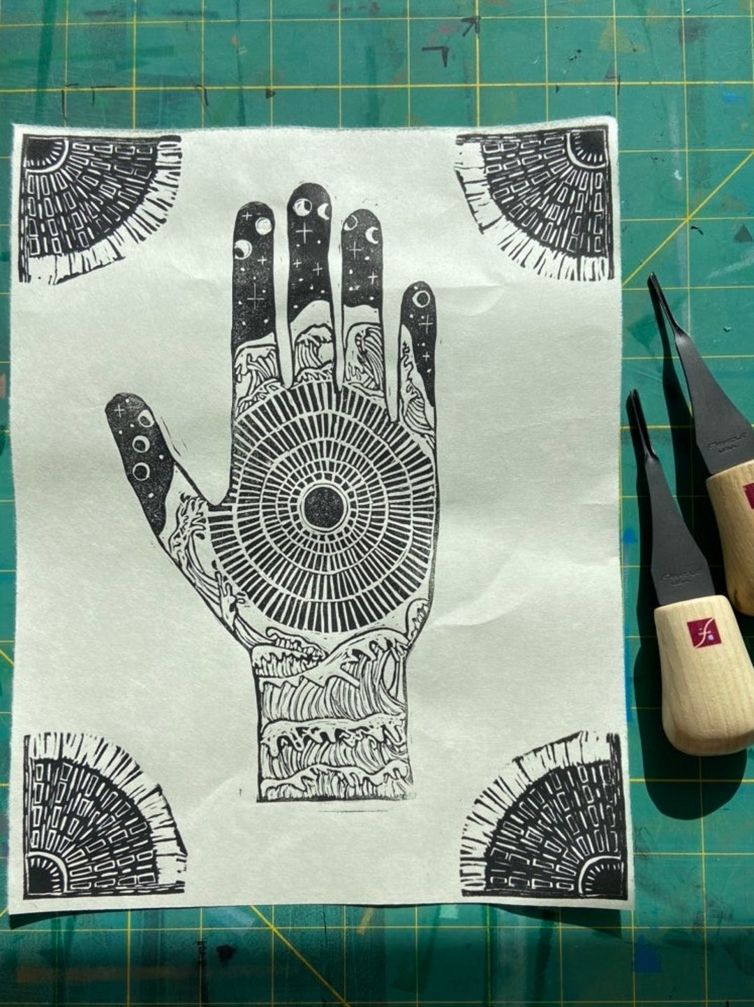 Hand, Sun, Ocean Waves, Moon Linocut Print - Etsy