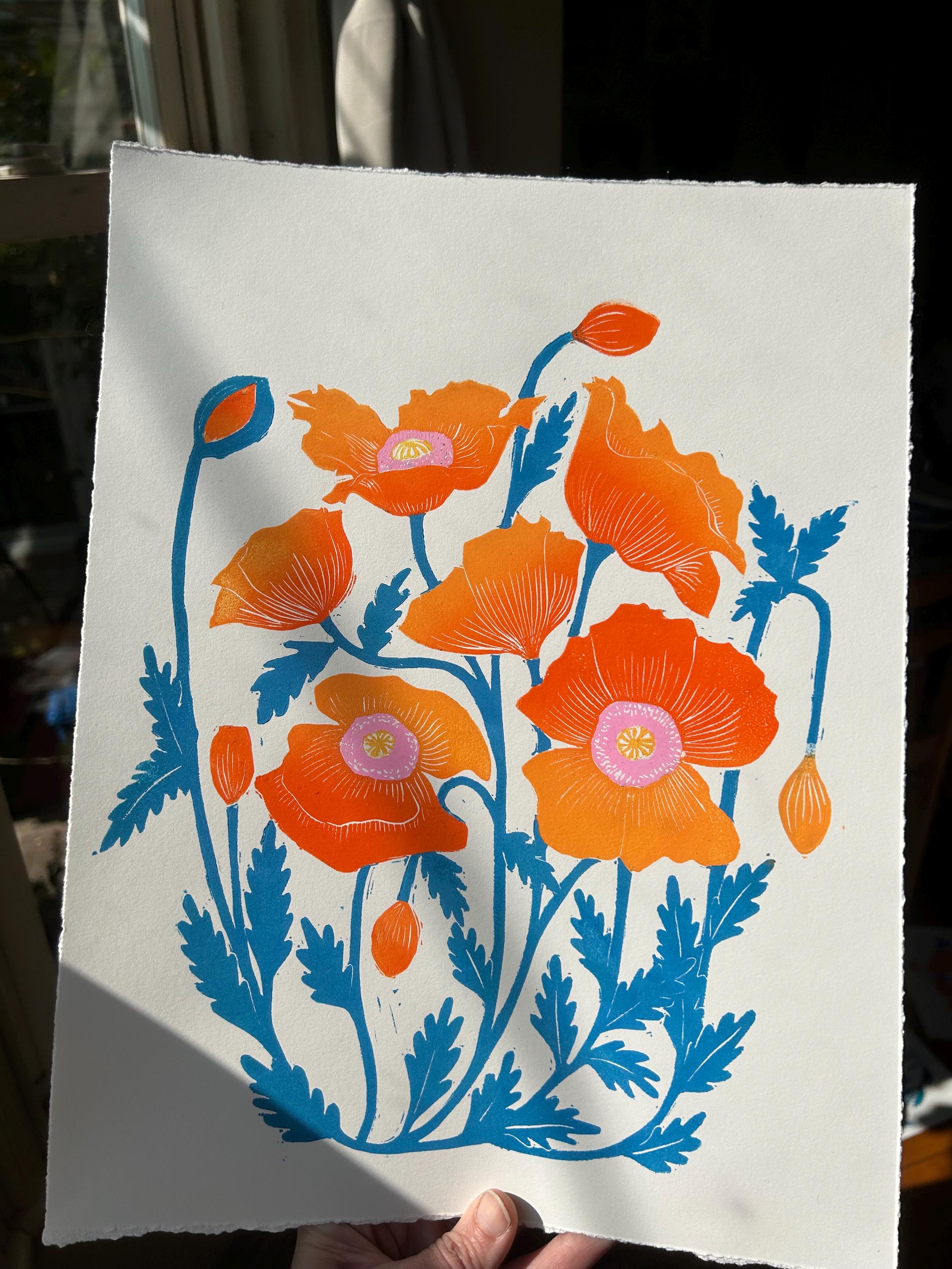 Dancing Poppies Linocut Print - Orange/blue - Etsy