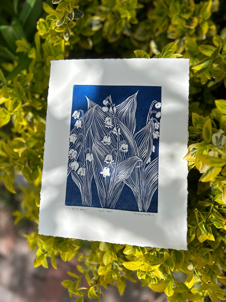 Lily of the Valley Linocut Print in Prussian Blue - Etsy