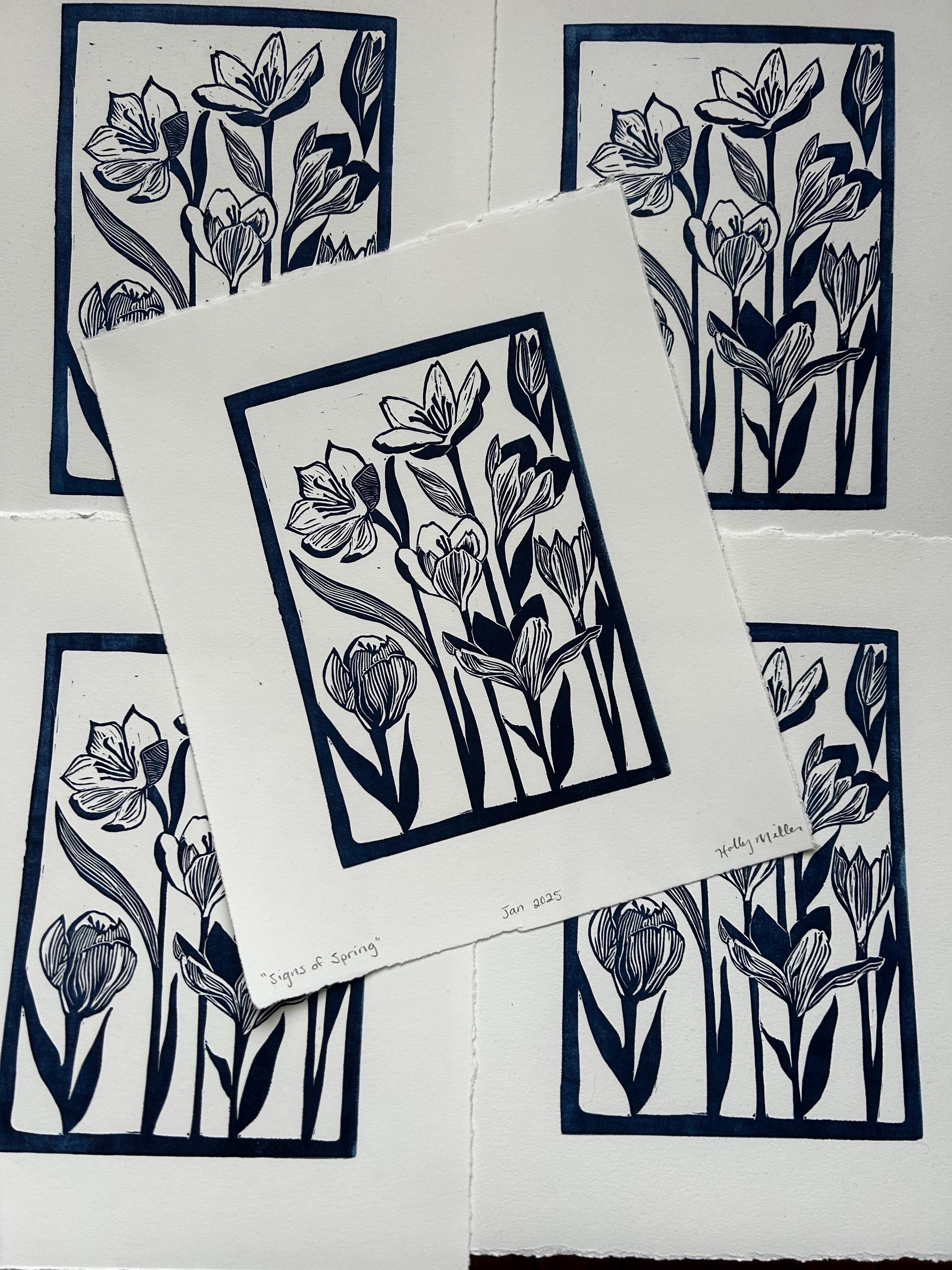 Signs of Spring Linocut Print in Prussian Blue - Etsy