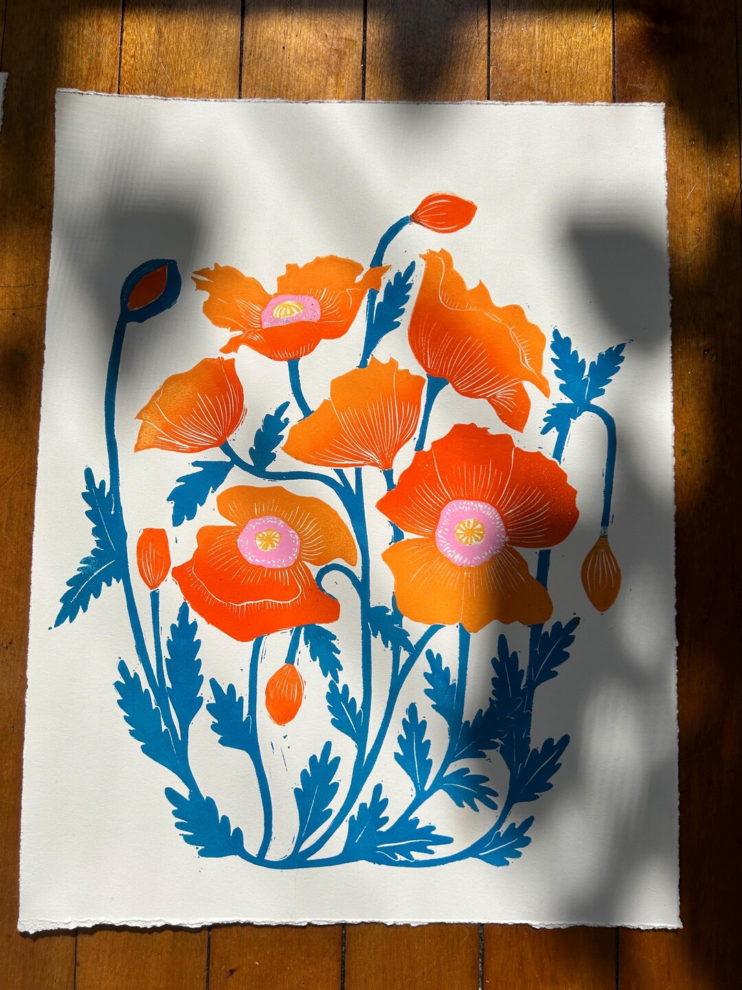Dancing Poppies Linocut Print - Orange/blue - Etsy