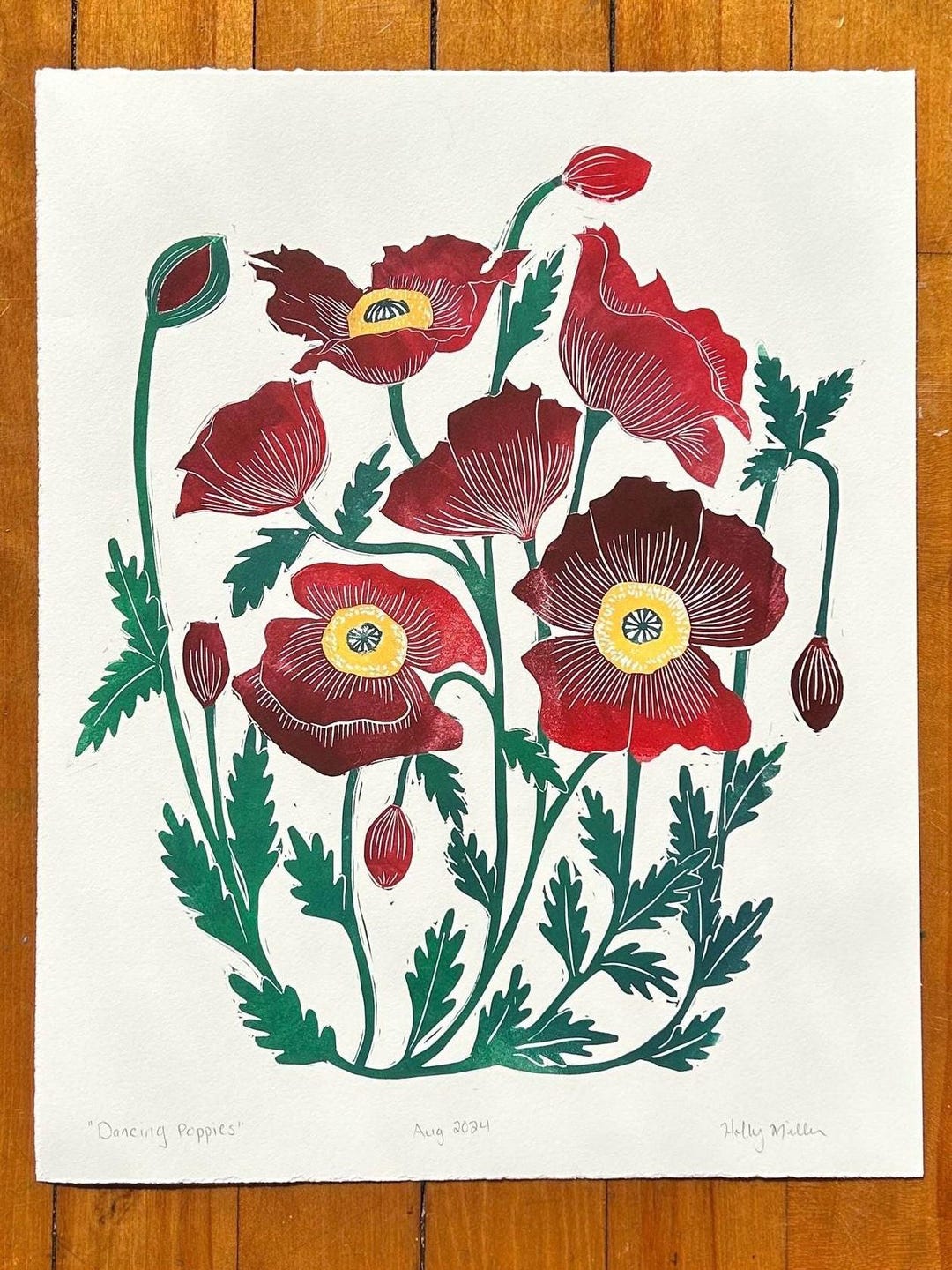 Dancing Poppies Linocut Print - Red - Etsy