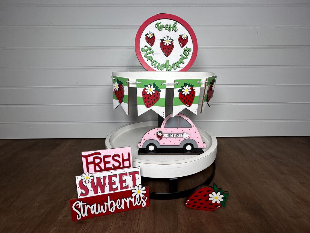 Hand Painted Strawberry Tier Tray Decor Set, Farmhouse Summer Tiered ...